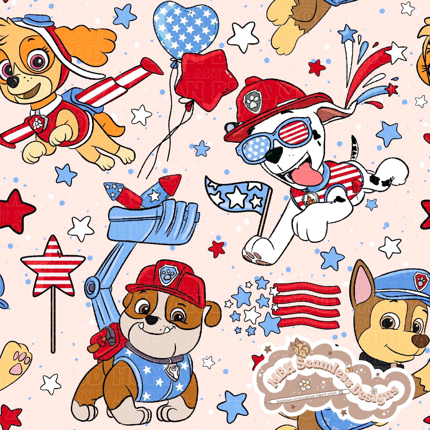 Patriotic Paw Patrol Seamless Pattern // PNG •MULTIPLE COLORWAYS – MBH ...